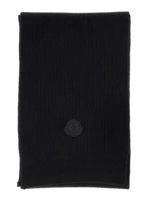 Moncler Black Scarf With Logo Patch On The Front In Wool For - Multicolor