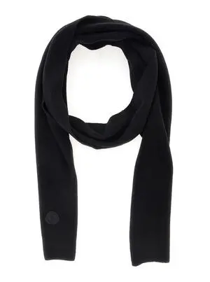 Moncler Black Scarf With Logo Patch On The Front In Wool For