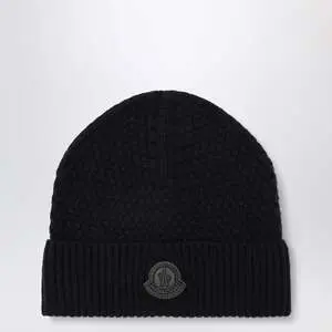 Moncler Navy Wool Beanie With Logo Patch - Blue