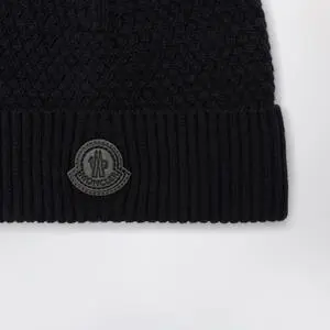 Moncler Navy Wool Beanie With Logo Patch - Blue