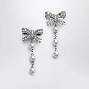 SELF-PORTRAIT Crystal Bow And Pearl Drop Earrings - Silver