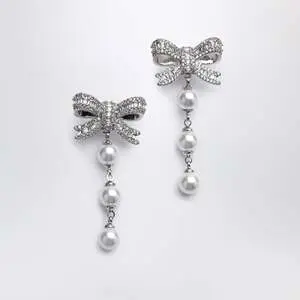 SELF-PORTRAIT Crystal Bow And Pearl Drop Earrings - Silver