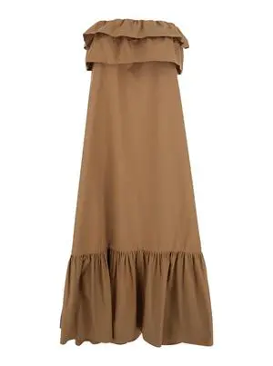 Saint Laurent Beige Long Dress With Bustier Neckline And Ruffled Skirt In Cotton - Multicolor