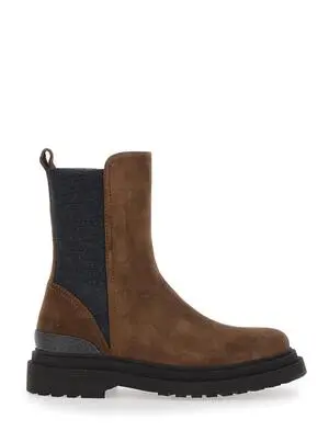 Brunello Cucinelli Brown Ankle Boots With Monile Detail On The Back In Suede For - Multicolor