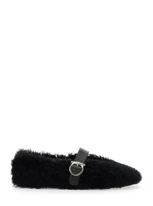 FERRAGAMO Ferragamo Women Black Ballerinas With Shearling Design And Buckle In Leather Woman Multicolor