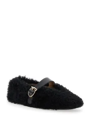 FERRAGAMO Black Ballerinas With Shearling Design And Buckle In Leather - Multicolor