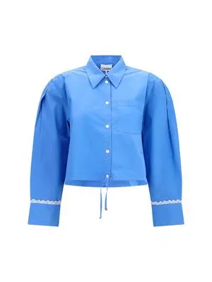 GANNI Cotton Shirt With Lace Details - Blue