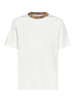 Burberry Chalk White Cotton T-shirt With Check Trim - Multicolor