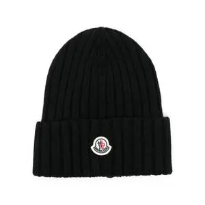 Moncler Virgin Wool Ribbed Beanie Hat - Black