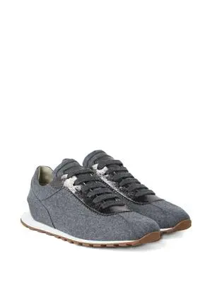 Brunello Cucinelli Virgin Wool Flannel And Lamé Calfskin Runners With Monili - Gray