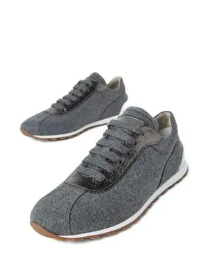 Brunello Cucinelli Virgin Wool Flannel And Lamé Calfskin Runners With Monili - Gray