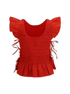 GANNI Ruched Cotton Top With Side Bows