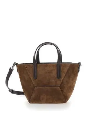 Brunello Cucinelli Duo' Brown Mini Bag With Adjustable And Removable Shoulder Strap And Logo Lettering On The Front In Suede For - Multicolor