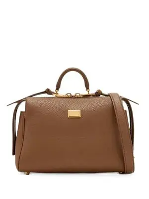 Dolce & Gabbana Vittoria Leather Tote Bag With Logo Plaque - Brown