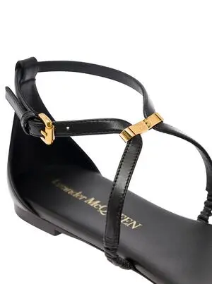 Alexander McQueen Black Low Sandals With Engraved Logo In Leather - Multicolor