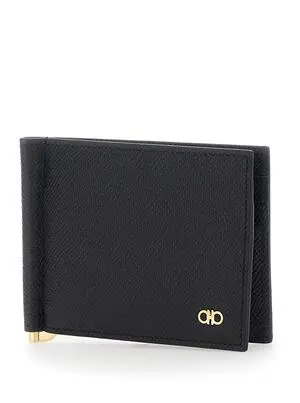 FERRAGAMO Black Wallet With Clip And Gancini Plaque On The Front In Leather For - Multicolor