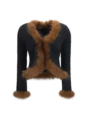SELF-PORTRAIT Faux Fur Trimmed Knit Cardigan - Blue