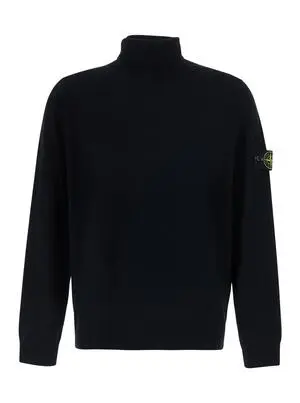 Stone Island Black Sweater With High Collar And Logo Patch On The Sleeve In Cotton - Multicolor
