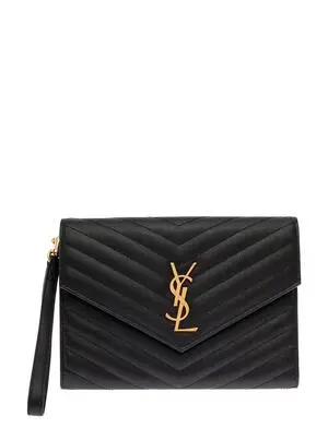 Saint Laurent Black Handbag With Front Logo In Metal And Gold-colored Hardware In Grain De Poudre Leather For - Multicolor