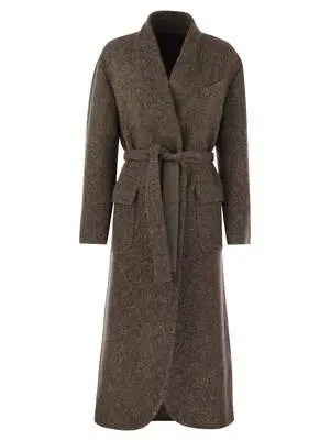 Brunello Cucinelli Wool And Cashmere Diagonal Mélange Coat With Belt And Necklace - Brown