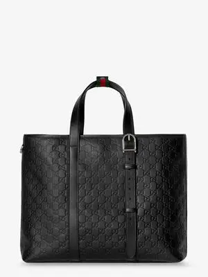Gucci Gg Emblem Leather Shopping Bag With Embossed Gg Motif - Black