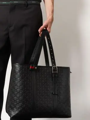 Gucci Gg Emblem Leather Shopping Bag With Embossed Gg Motif - Black