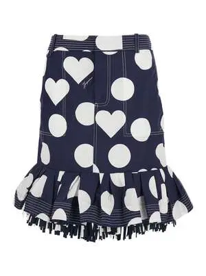 Jacquemus La Jupe Cabana' Blue Skirt With Hearts Polka Dot Motif And Fringed Hem In Cotton - Multicolor