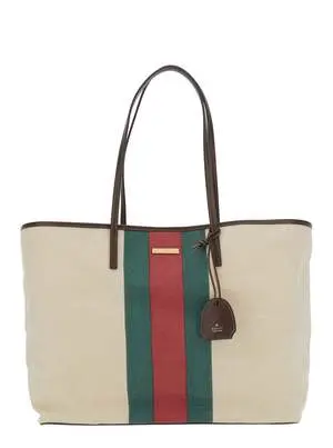 GUCCI Gucci Women White Tote Bag With Web Ribbon And Logo Plate On Front In Canvas For Women
