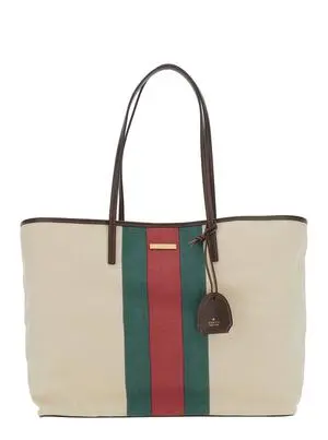 GUCCI Gucci Women White Tote Bag With Web Ribbon And Logo Plate On Front In Canvas For Women