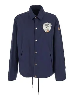 Moncler Satsuma' Blue Jacket With Logo Patch On The Sleeve And Maxi Logo Patch On The Rear In Cotton Blend - Multicolor