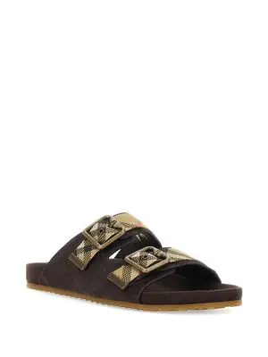 Burberry Suede Flat Sandals With Checked Straps - Brown