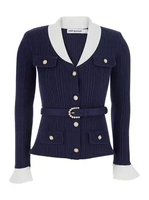 SELF-PORTRAIT Blue Cardigan With Ribbed Texture And Long Sleeves In Fabric And Cotton - Multicolor