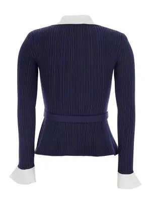 SELF-PORTRAIT Blue Cardigan With Ribbed Texture And Long Sleeves In Fabric And Cotton - Multicolor