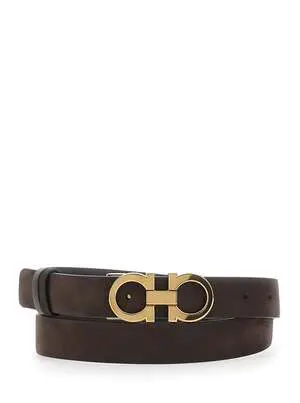 FERRAGAMO Dark Belt With Gancini Buckle On The Front In Suede For - Brown