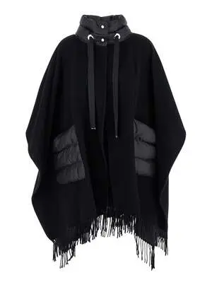 Herno High Neck Poncho With Patch Pockets In Wool And Nylon For - Black