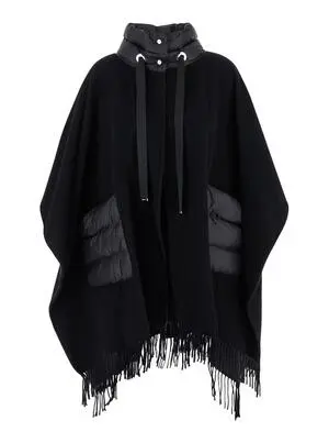 Herno High Neck Poncho With Patch Pockets In Wool And Nylon For - Black