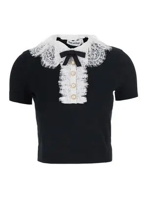 SELF-PORTRAIT Self-Portrait Women Black Top With Collar With Lace Details In Wool For Women Multicolor