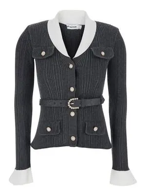 SELF-PORTRAIT Grey Cardigan With Ribbed Texture And Long Sleeves In Fabric And Cotton - Multicolor
