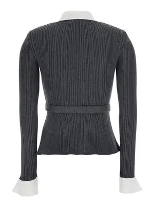 SELF-PORTRAIT Grey Cardigan With Ribbed Texture And Long Sleeves In Fabric And Cotton - Multicolor