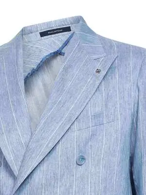Tagliatore Light Blue Pinstriped Linen Blend New York Double-breasted Blazer - Multicolor