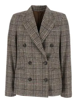 BRUNELLO CUCINELLI Brunello Cucinelli Women Beige Double-Breasted Jacket With Peak Revers And All-Over Check Motif In Wool For Women