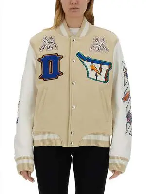 Off-White Leather Varsity Jacket - Cream
