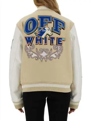 Off-White Leather Varsity Jacket - Cream