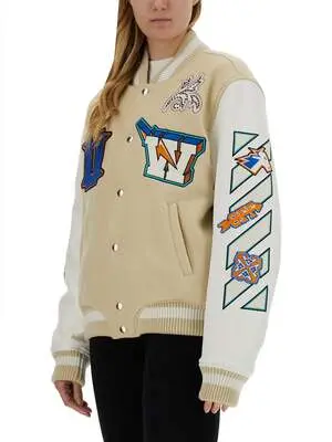 Off-White Leather Varsity Jacket - Cream