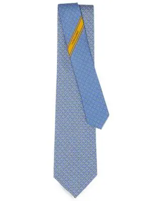 FERRAGAMO Square Gancini Print Silk Tie - Blue