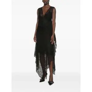 Fendi Floral Lace Sheer Finish V-neck Sleeveless Asymmetric Hem Draped Silk Dress