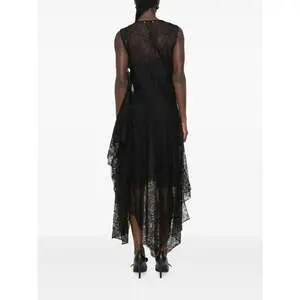 Fendi Floral Lace Sheer Finish V-neck Sleeveless Asymmetric Hem Draped Silk Dress