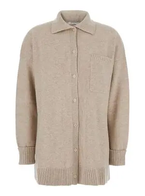 Max Mara Bull' Beige Cardigan With Classic Collar And One Front Patch Pocket In Cashmere - Multicolor