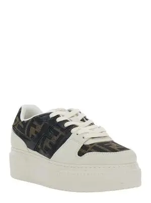 Fendi Sneaker Match' With Ff Application And Platform In Brown Leather And Canvas For - Multicolor