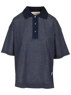 AMI Paris Striped Boxy Fit Polo With De Coeur Patch - Blue